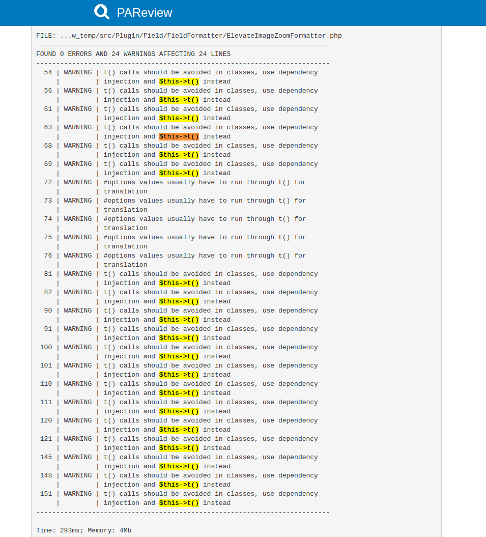 t() calls should be avoided in classes, use dependency injection and $this->t() instead ...